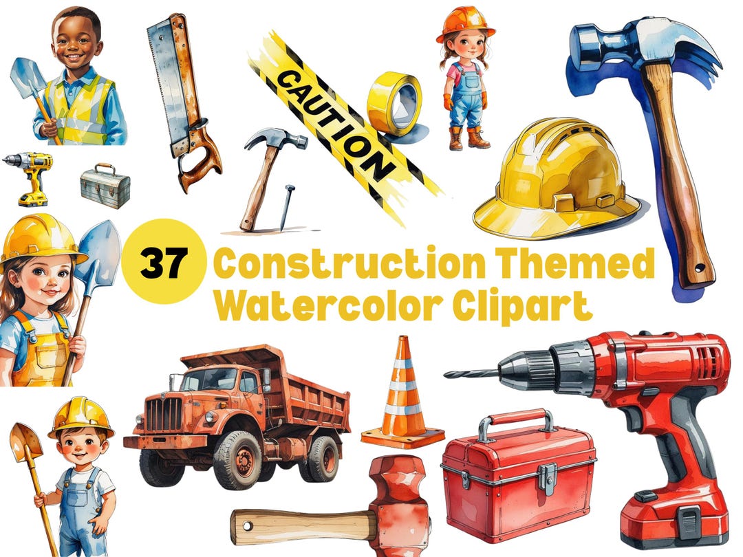 Watercolor Construction Clipart Bundle | 37 Pngs | Tools & Workers ...