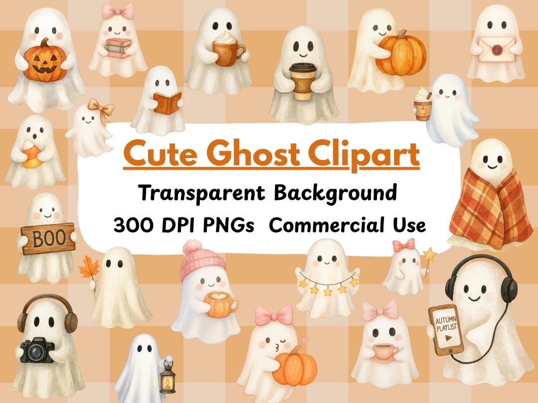Cozy Ghosts Clipart PNG Bundle – 67 Spooky-cute Fall Ghosts, Watercolor ...
