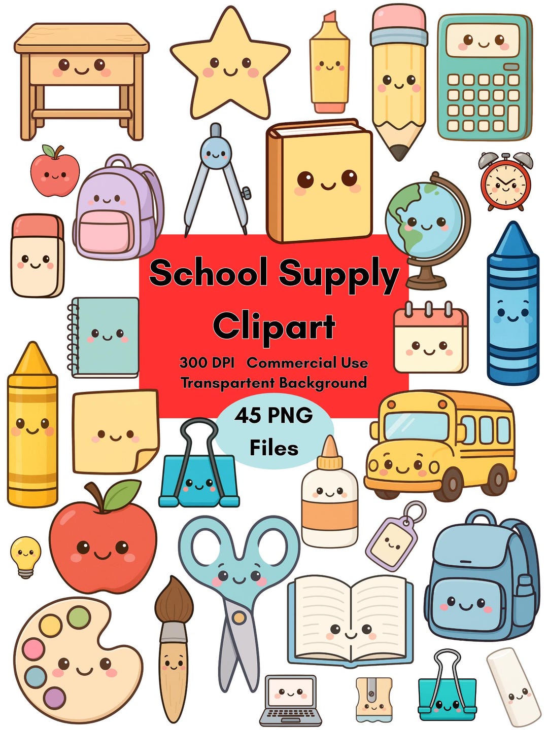 Cute School Supplies Clipart Bundle – 40 Kawaii Smiling Faces School ...