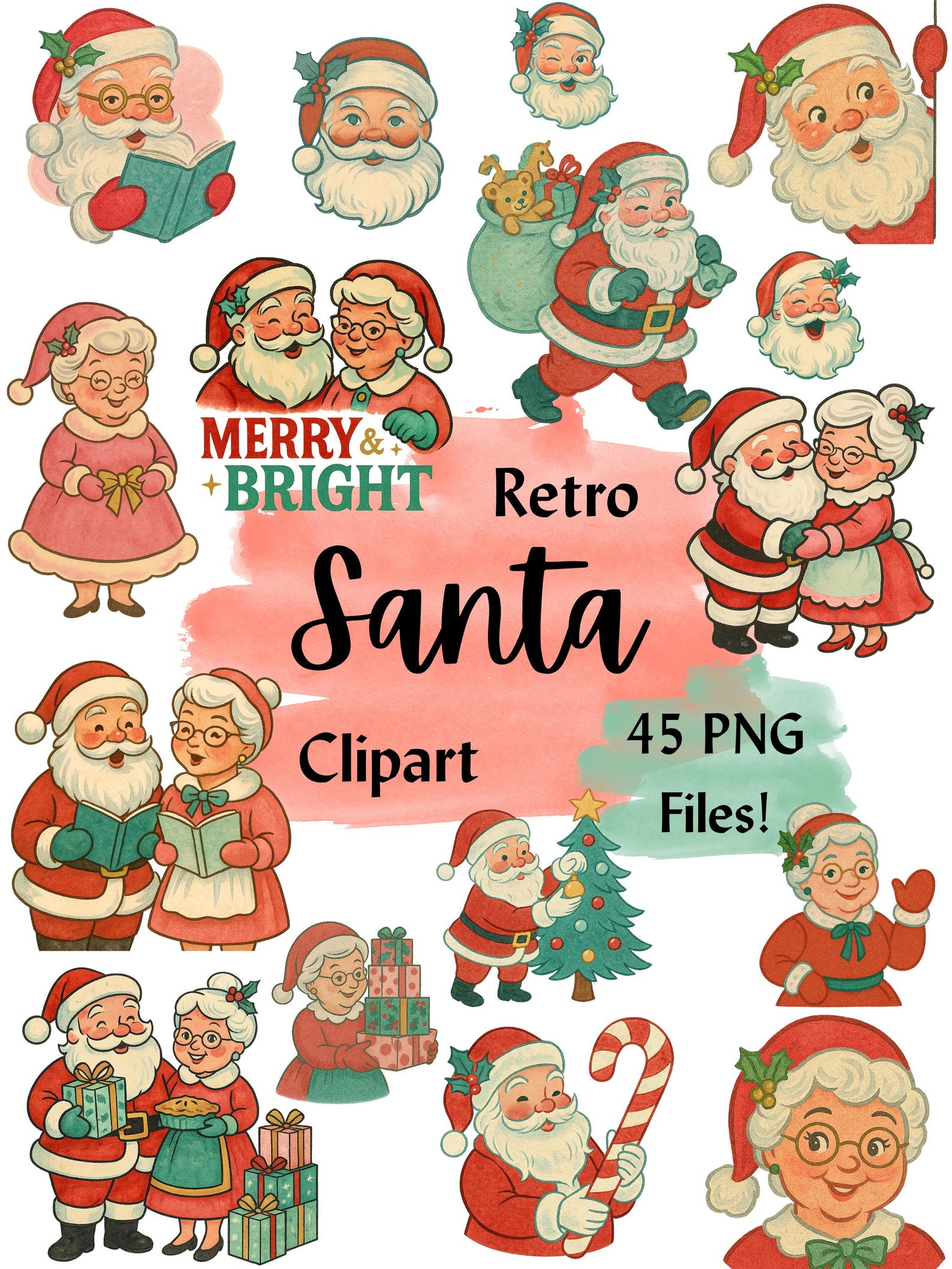 Retro Santa & Mrs Claus Clipart PNG Bundle | Vintage Christmas ...