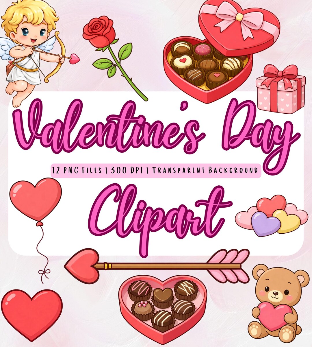 Valentine’s Day Clipart Bundle PNG | Cupid Hearts Chocolate Rose ...