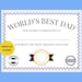World’s Best Dad Certificate Printable – Father’s Day Gift From Kids ...