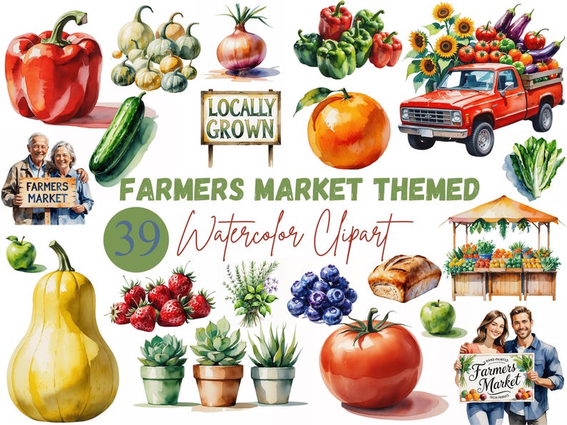 Watercolor Farmers Market Clipart | Rustic Farm Stand & Fresh Produce ...
