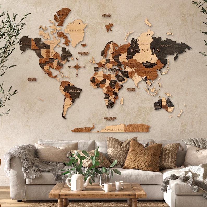 3D Wooden World Map - Black Obsidian Travel Decor - Push Pin Adventure ...