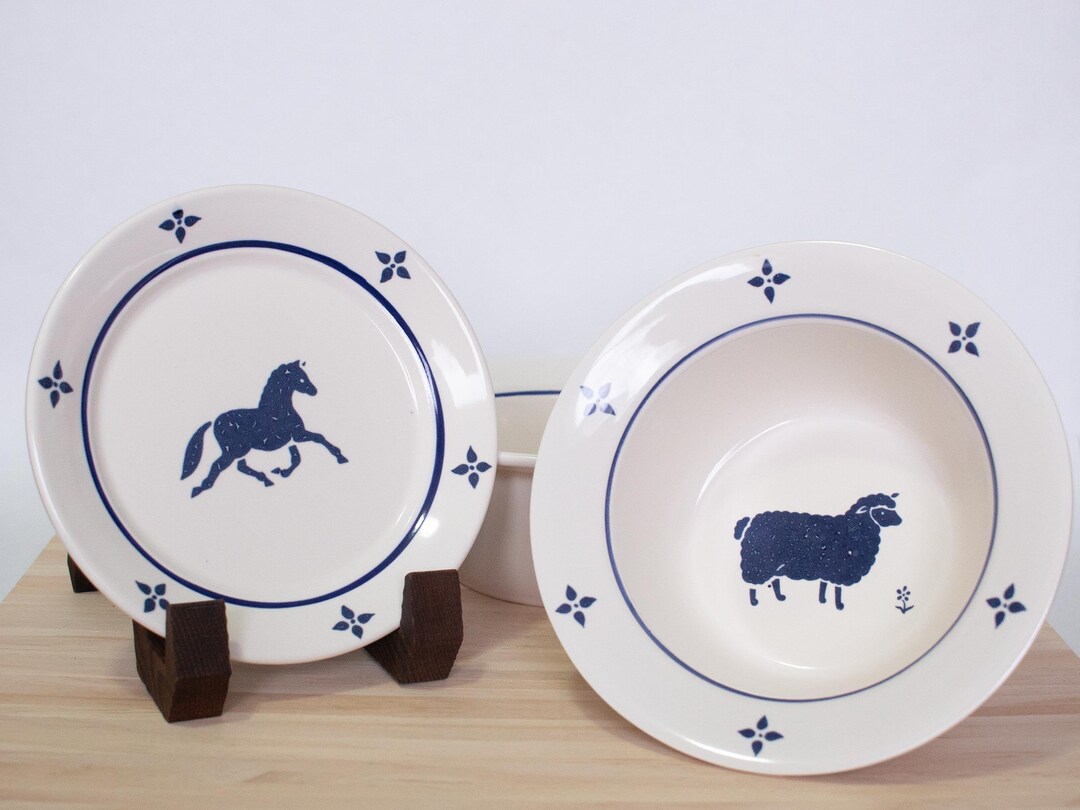 Vintage Farm Animal Dishes Set of 3 Sheep Bowls & Horse Plate Blue Folk ...