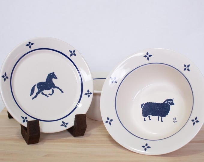 Vintage Farm Animal Dishes Set of 3 Sheep Bowls & Horse Plate Blue Folk ...