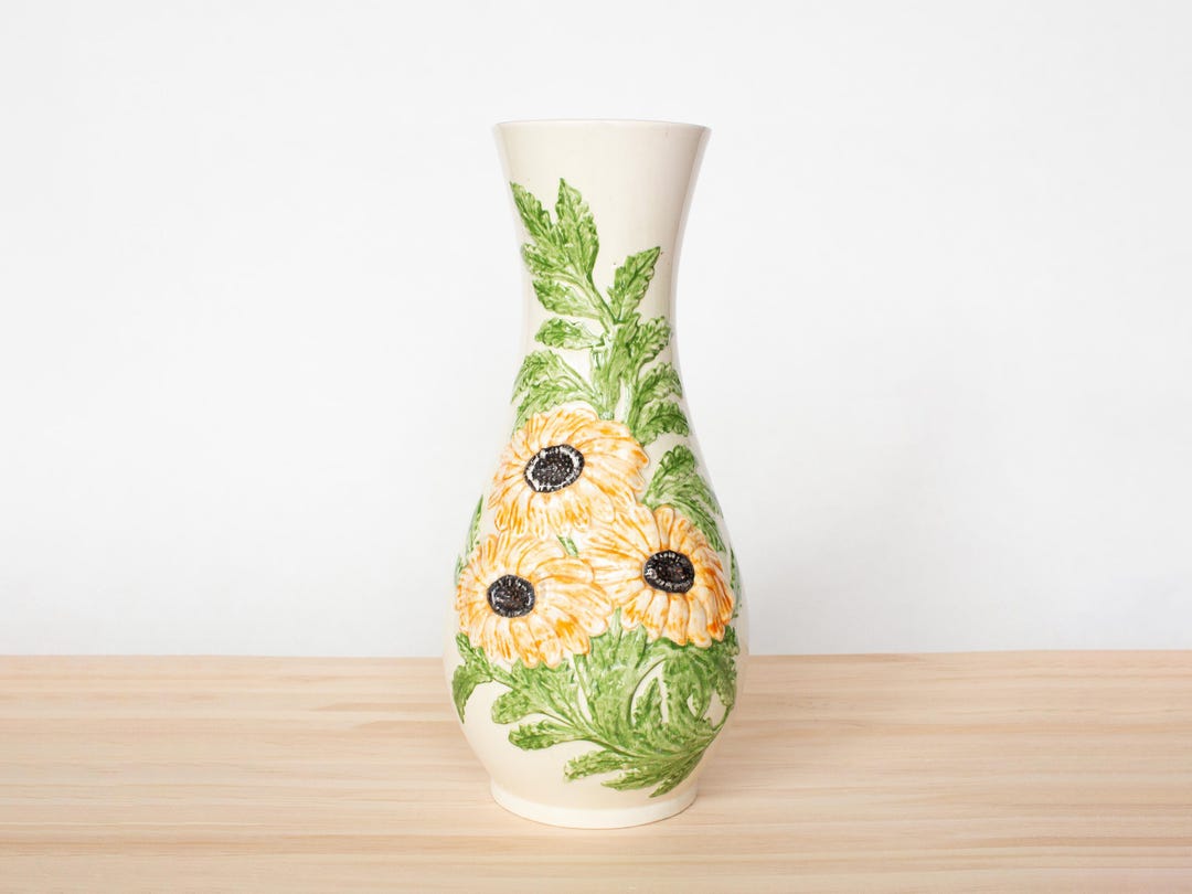 Vintage Cottagecore Wild Sunflower Bouquet Leaves White Vase | Country ...