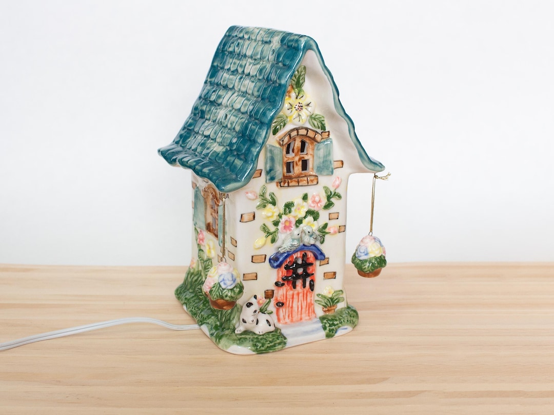 Vtg Garden Cottagecore Ceramic Light up House Lamp Cat Birds Hanging ...