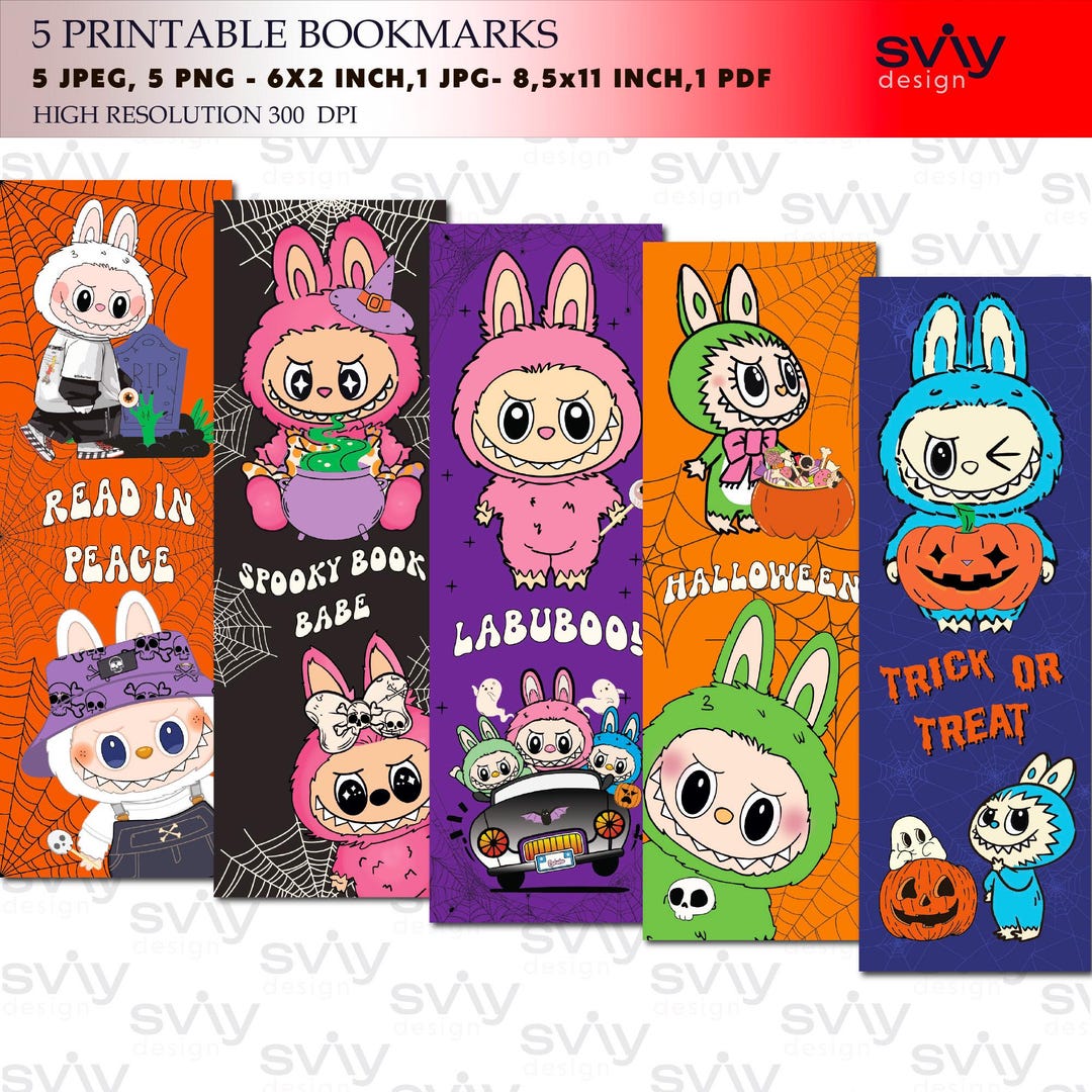 Labubu PNG Bookmarks Printable, Cute Halloween Bookmark Set, Halloween ...