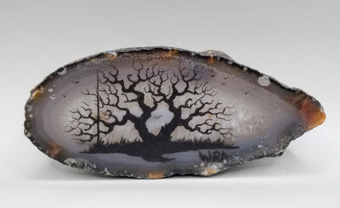Old Agate Geode With Spooky Tree of Life, Rock Art, Halloween Tree - Etsy