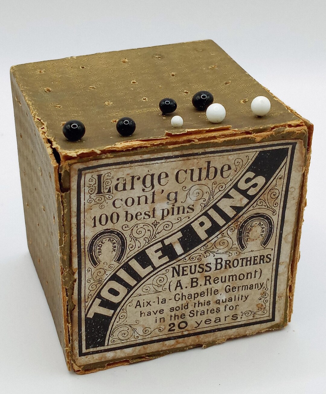 Antique Advertising Toilet Pins Cube Box, Glass Head Sewing Pins and ...