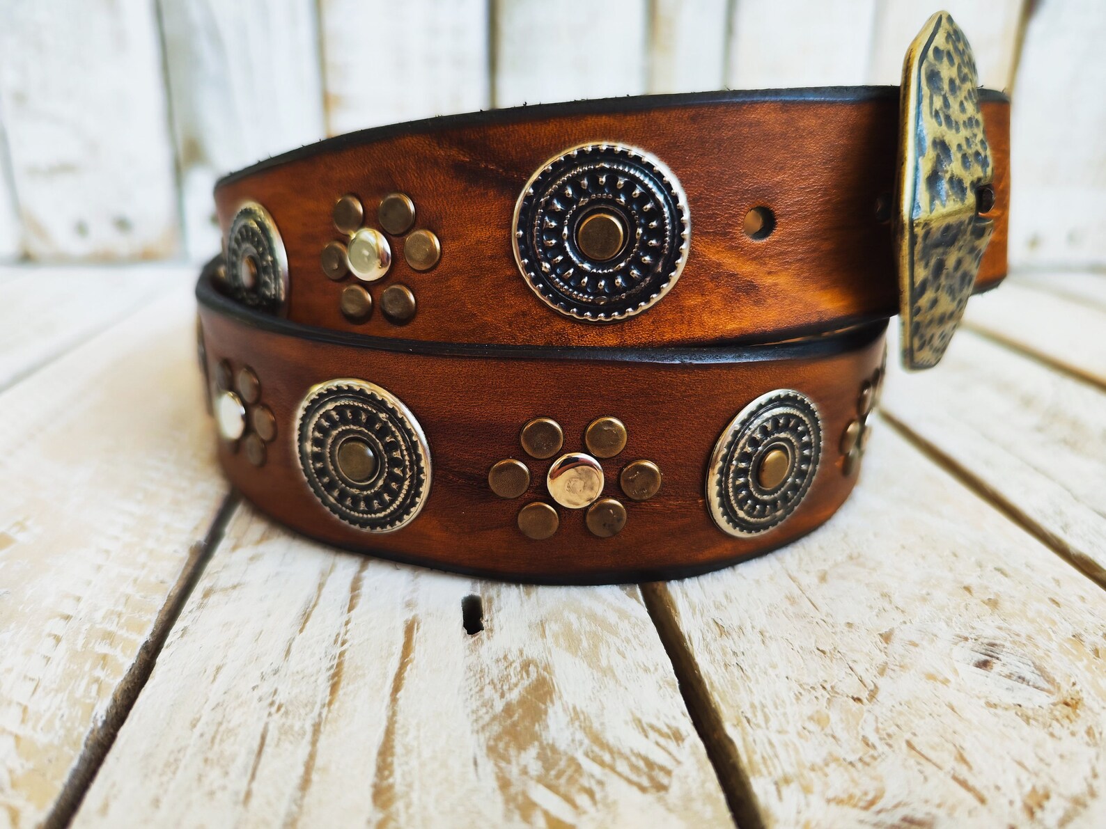 Handmade Western Leather Belt: Brown Rivets & Silver Coin Design - Etsy