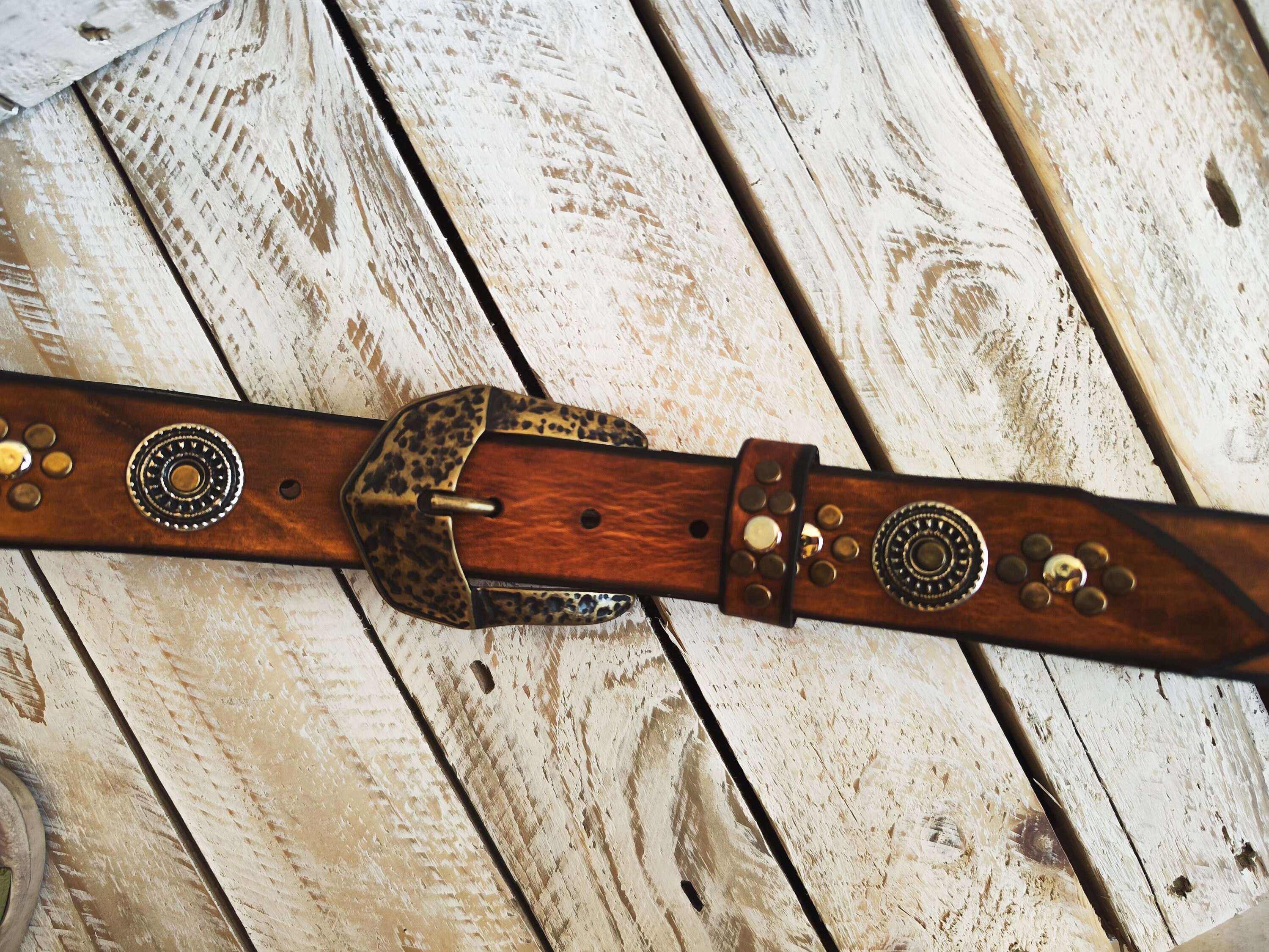 Handmade Western Leather Belt: Brown Rivets & Silver Coin Design - Etsy