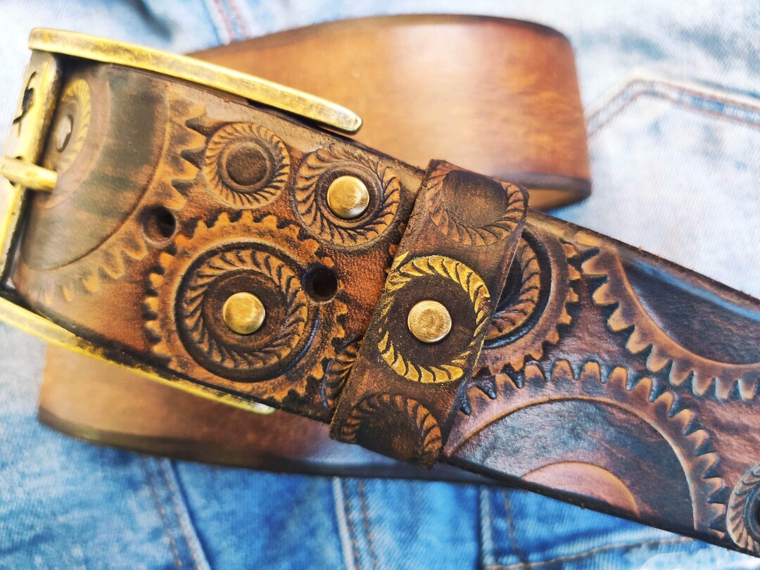 Steampunk Leather Belt With Gears & Bronze Rivets – 4.2 Cm Wide ...