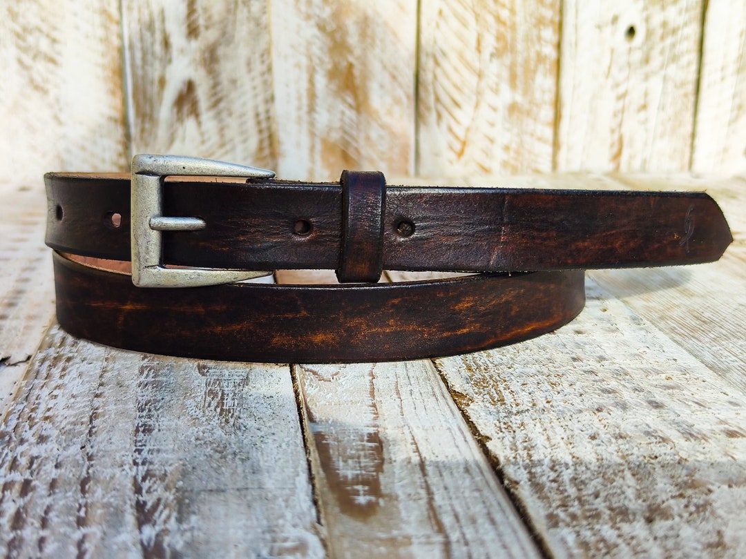 Distressed Narrow Leather Belt - Dark Brown Men and Womens Silver ...