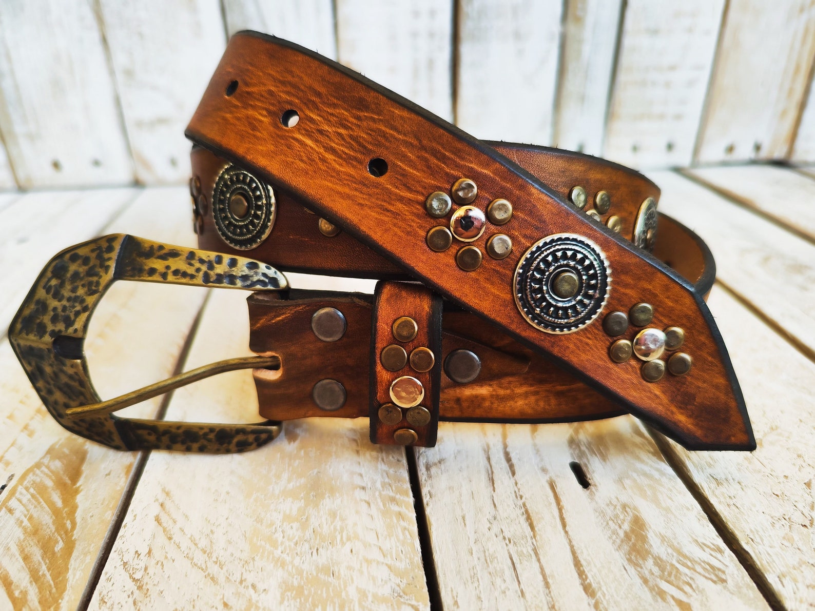 Handmade Western Leather Belt: Brown Rivets & Silver Coin Design - Etsy