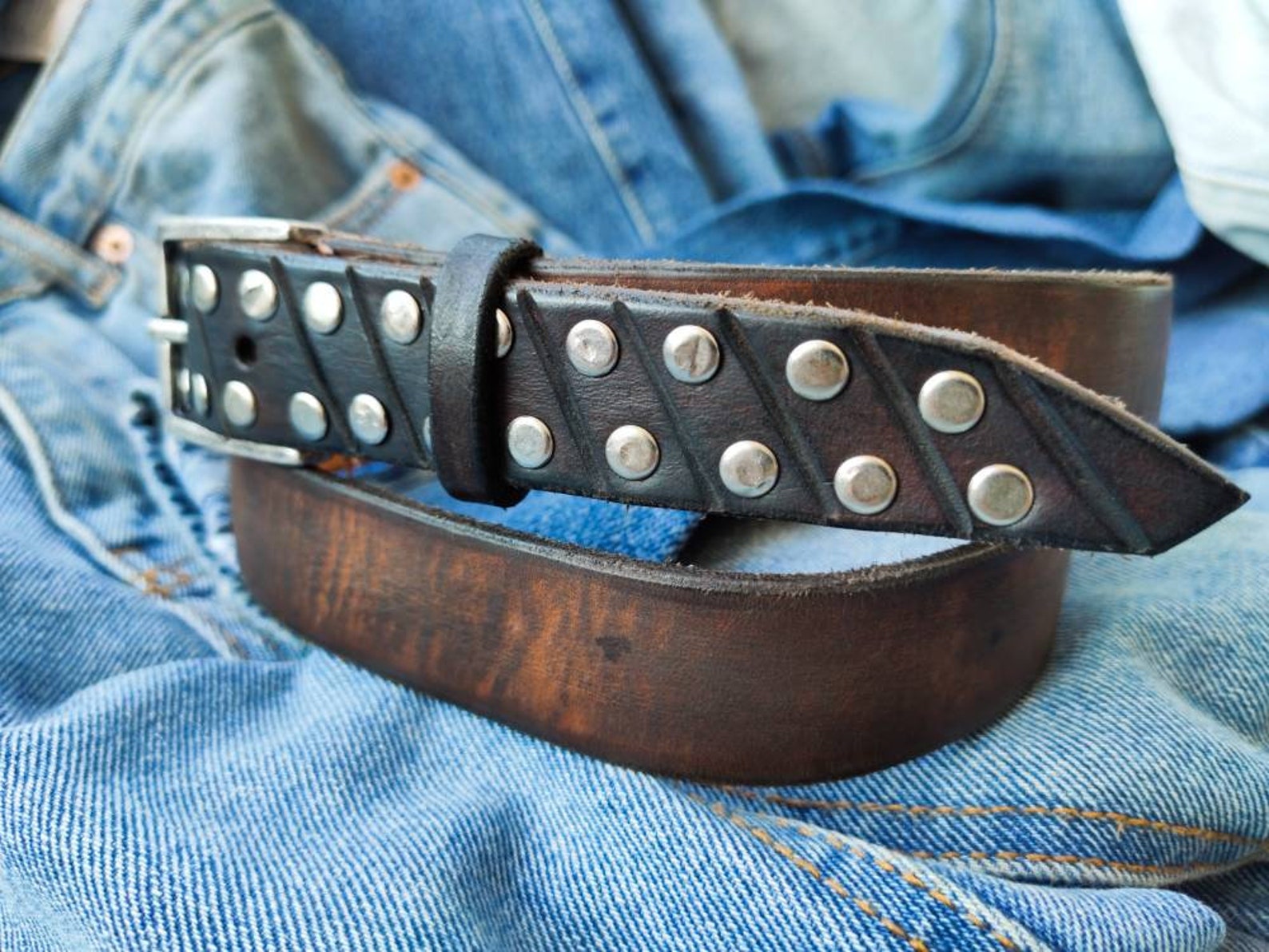 Dark Brown 3 Cm Jeans Belt Rivetted Brown Leather Belt Brown - Etsy