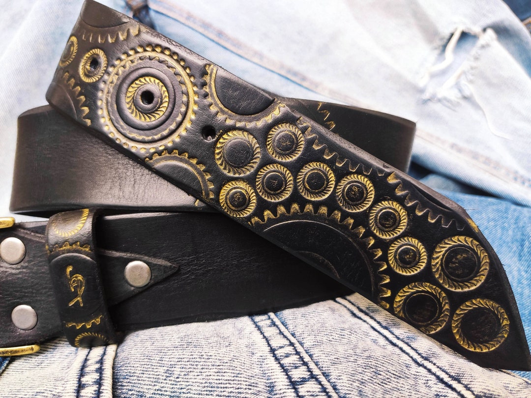 Handmade Black Leather Motorcycle Belt With Gold Stamps - Perfect Gift ...