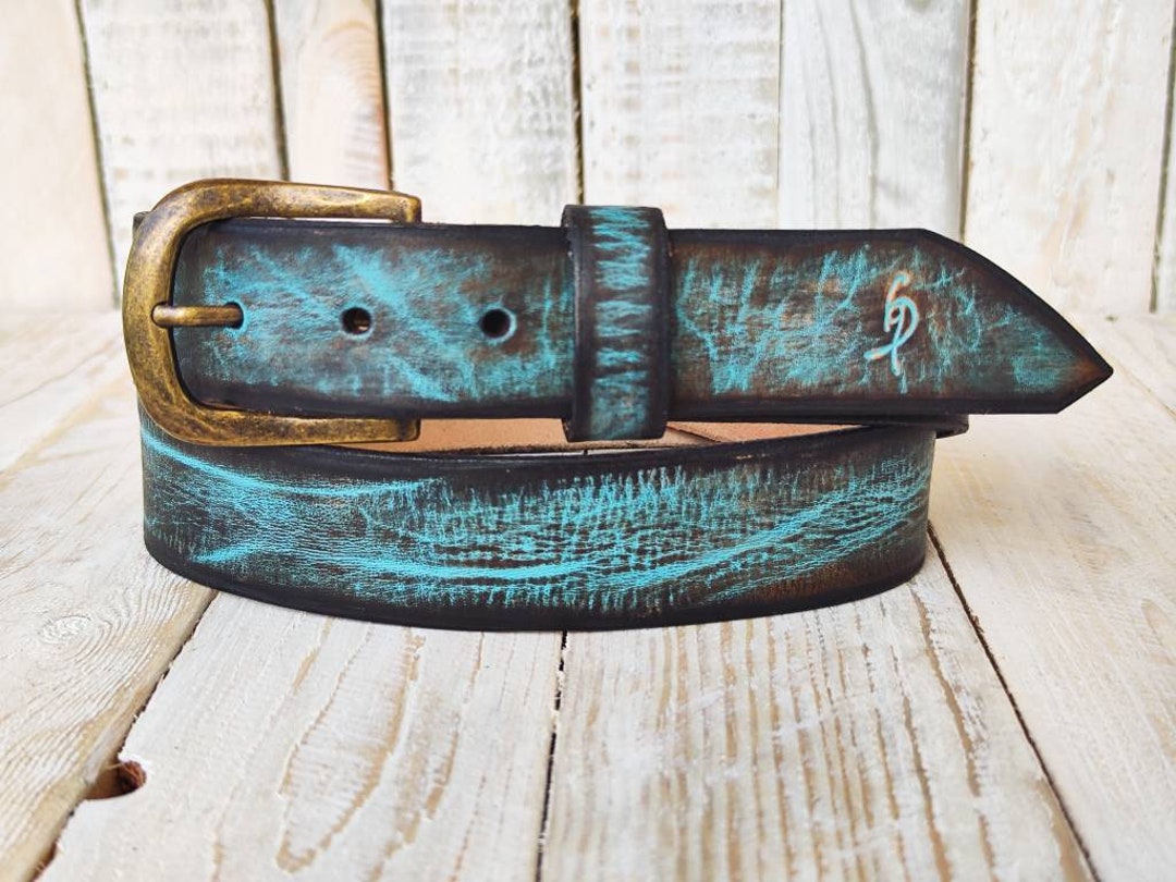 Turquoise Leather Belt With Brown Wash and Amazing Texture, Handmade ...