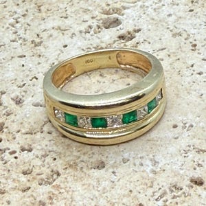 Vintage Womens 14K Yellow Gold Channel Set Emerald and Diamond Ring ...