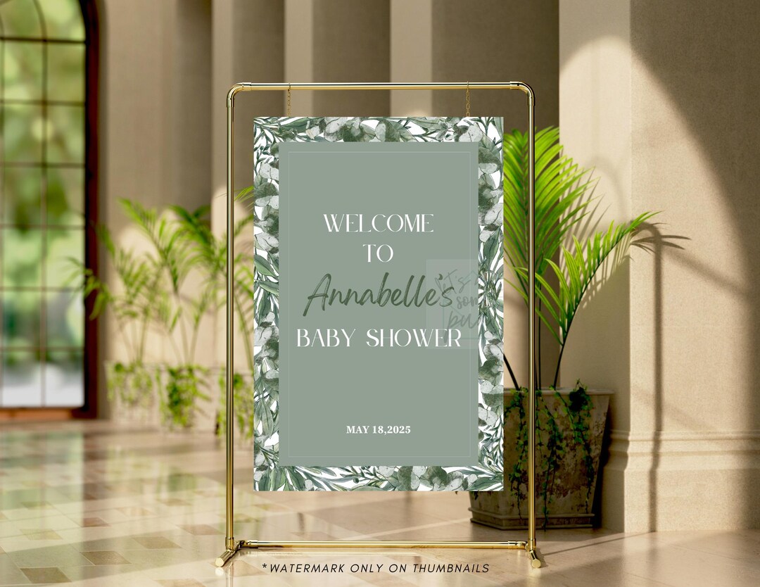 Oh Baby Green Floral Baby Shower Welcome Sign, Eucalyptus, Floral ...