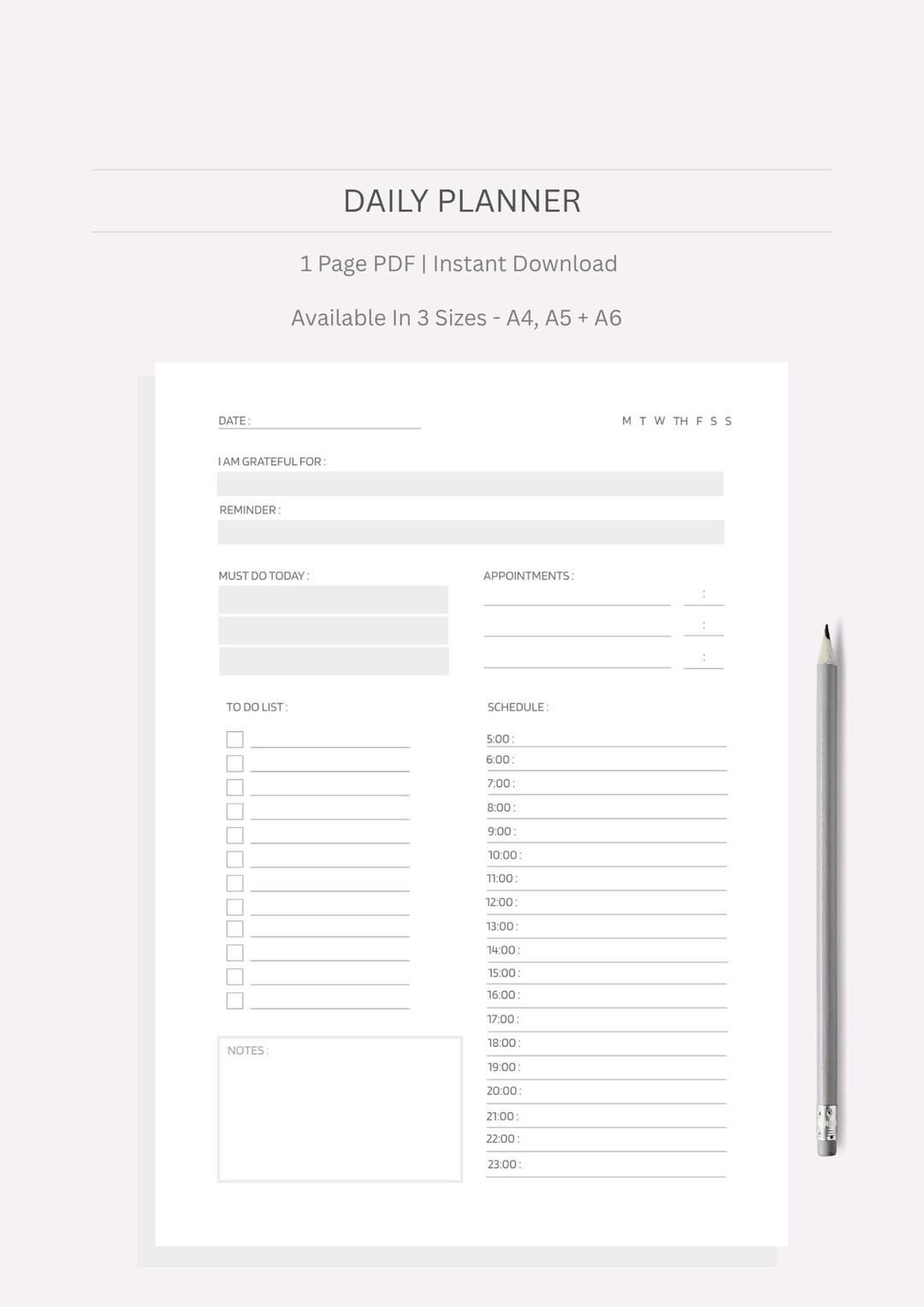 Minimalist Daily Planner, Hourly Schedule, Printable Digital Product ...