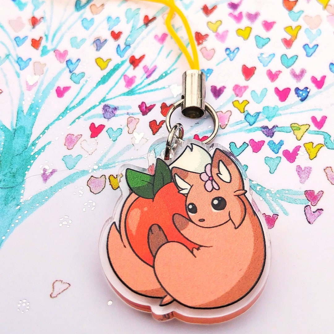 Cute Fluffy Fox With Peach Phone Charm or Keychain double-sided, 1 ...