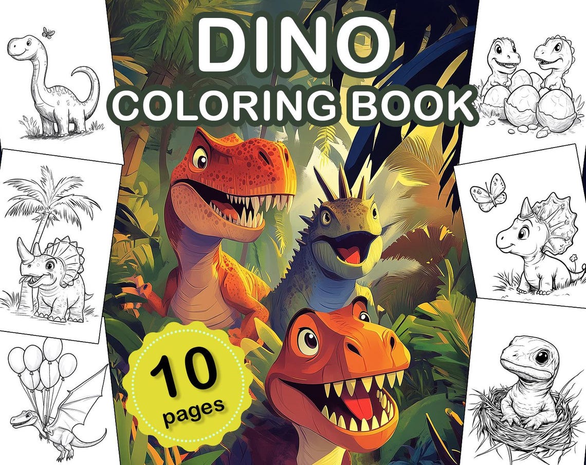 Printable Dinosaur Coloring Book for Kids – 10 Fun Dino Pages, Instant ...