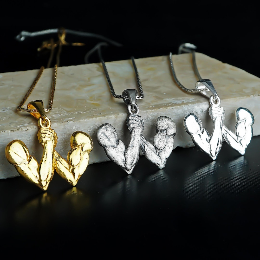 Gold Arm Wrestling Pendant, Unisex Bodybuilder Necklace Sterling Silver ...