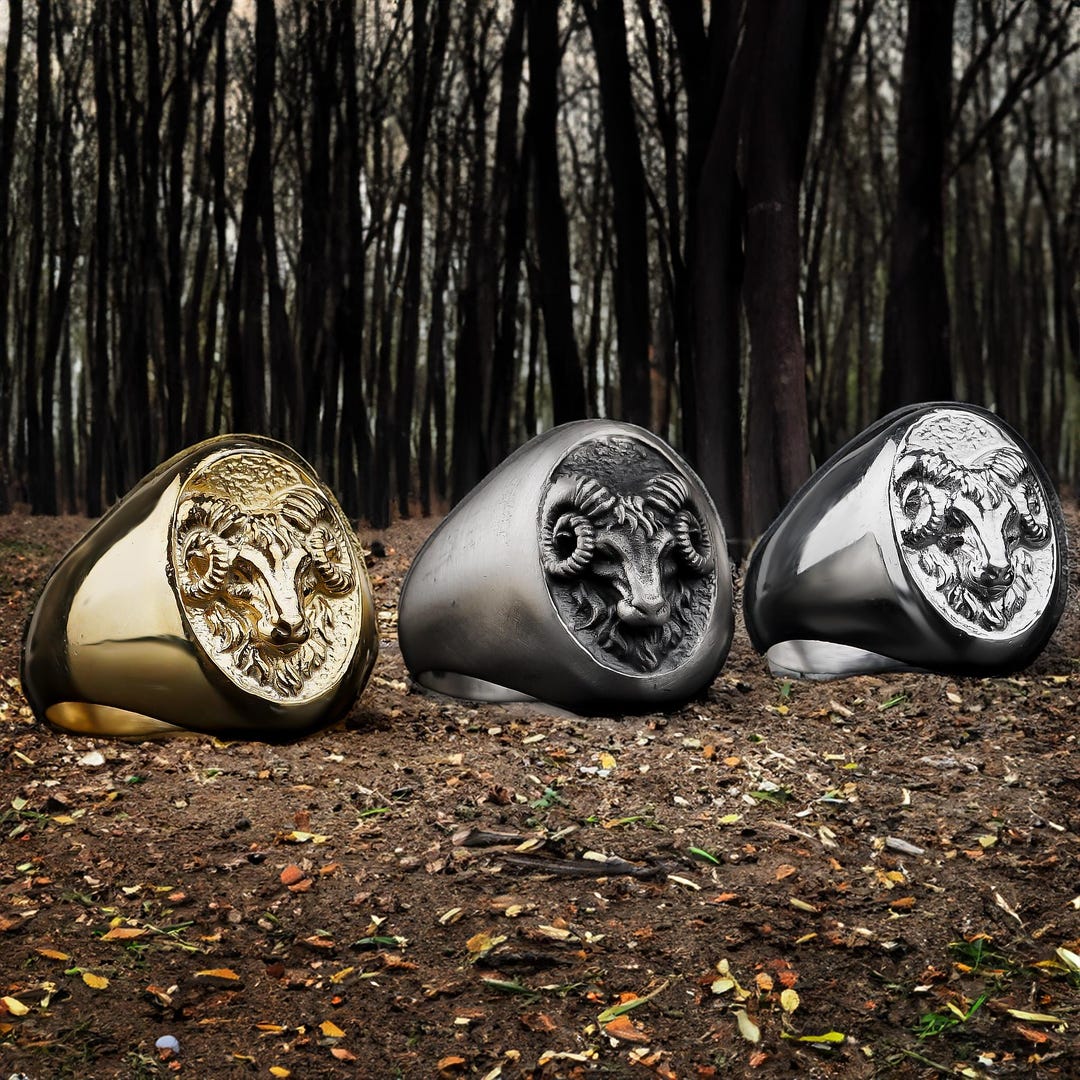 Gold Goat Ring, Rams Horn Signet Ring, Goat Head Ring, 925 Silver ...