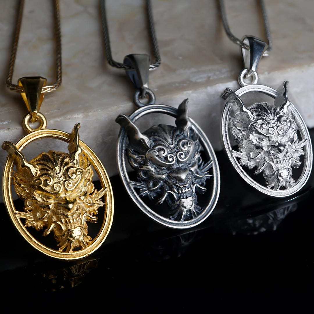 Gold Oni Mask Pendant, Hannya Mask Pendant, Sterling Silver Japanese ...