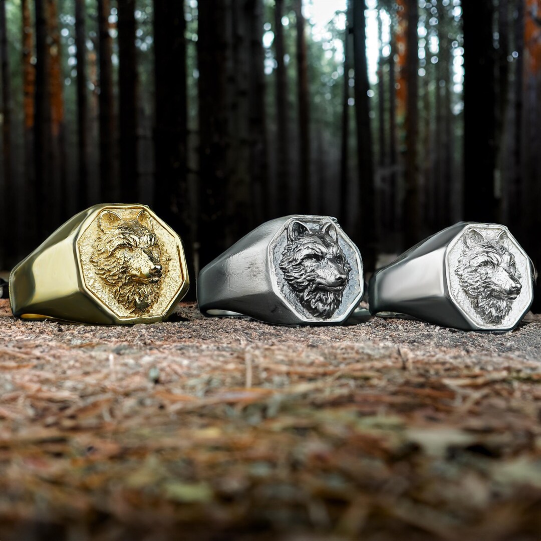 Gold Wolf Ring, Wolf Head Ring Sterling Silver, Fenrir Signet Ring ...