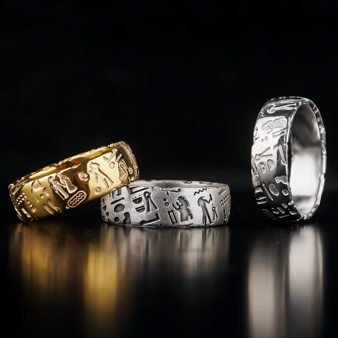 Gold Egyptian Hieroglyphs Ring, Gold Egyptian Wedding Band, Egyptian ...