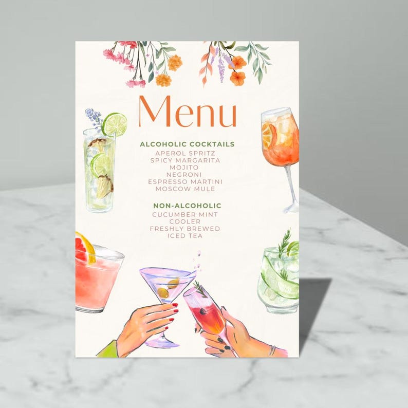 Floral Watercolour Cocktail Menu | Printable Bar Menu | Canva Template ...