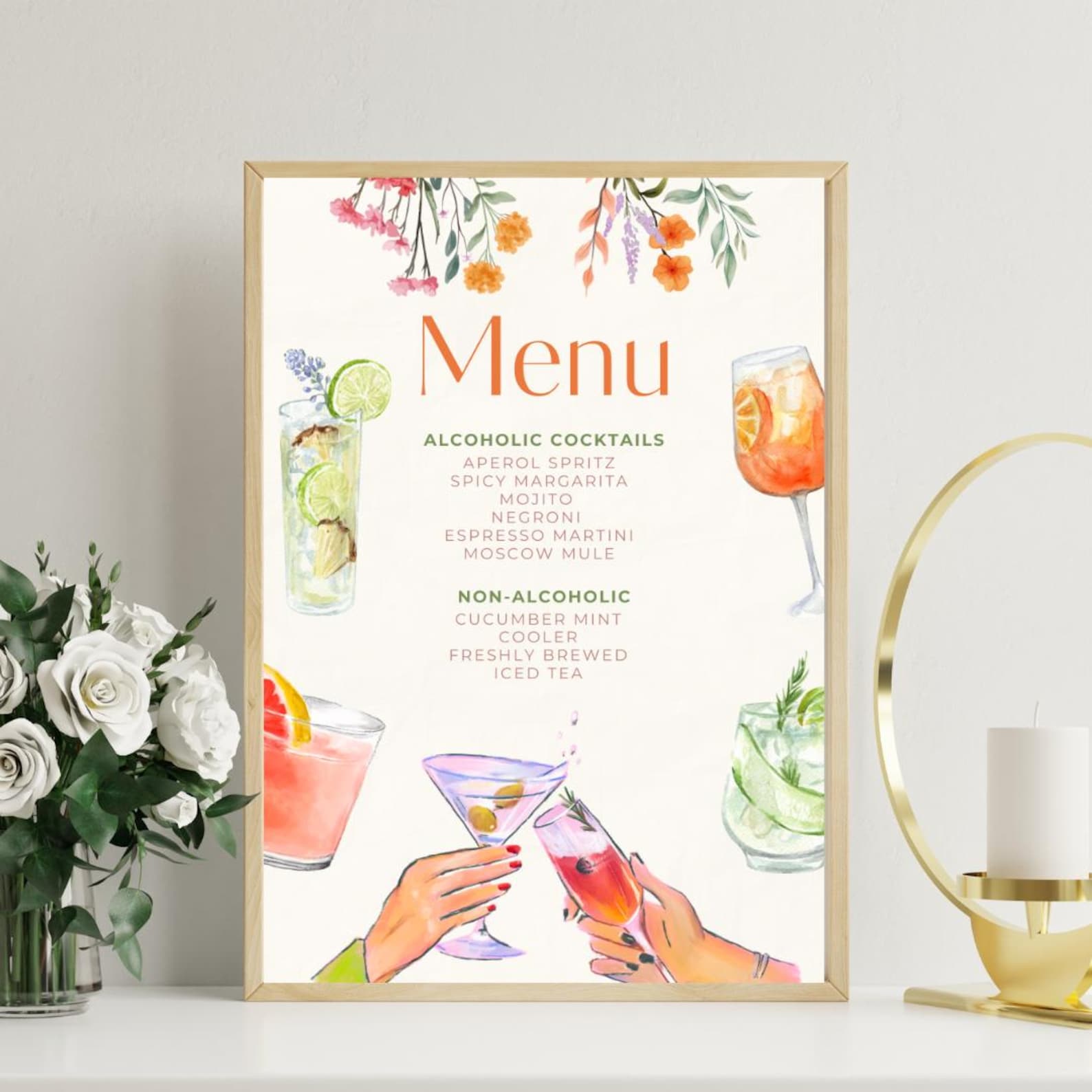 Floral Watercolour Cocktail Menu | Printable Bar Menu | Canva Template ...