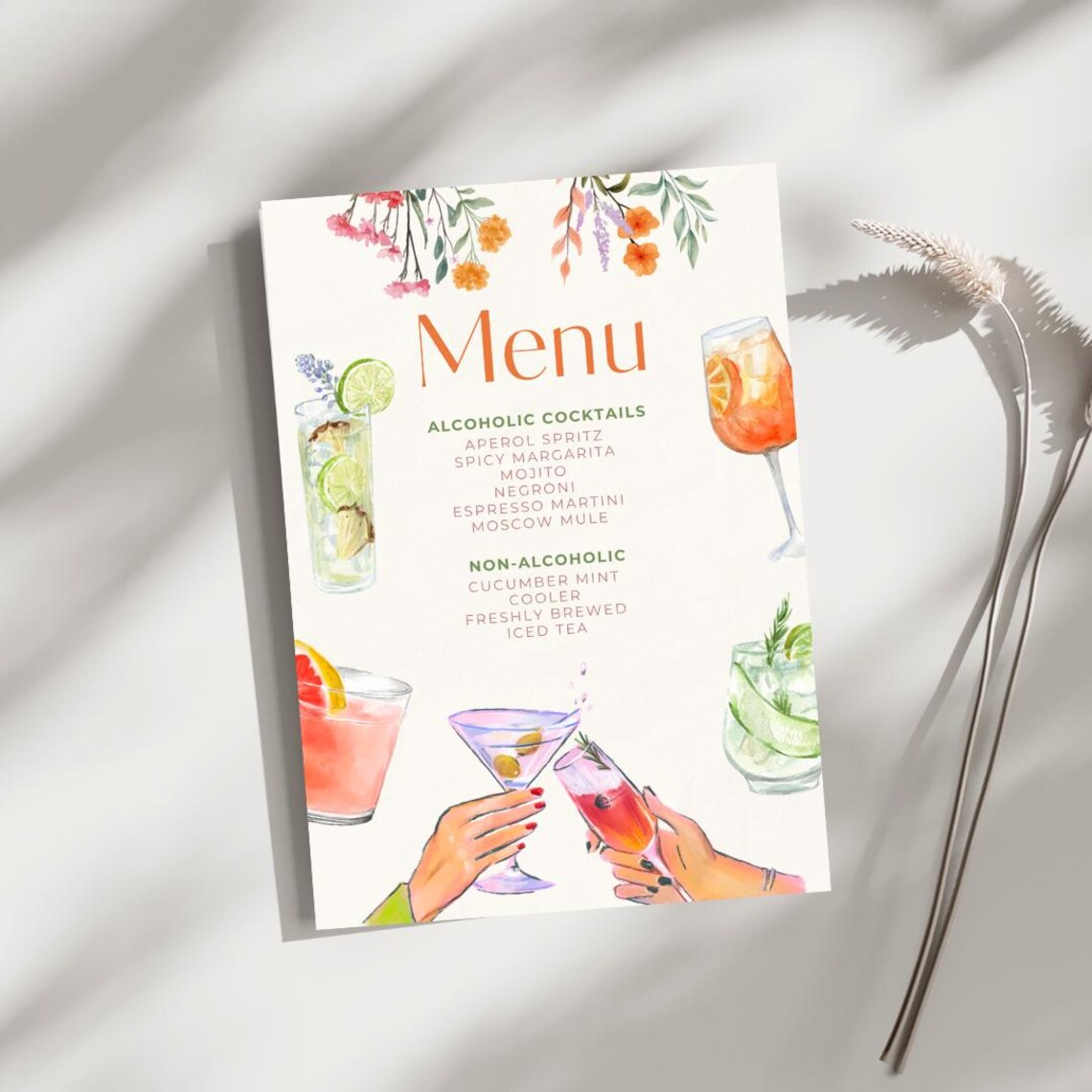 Floral Watercolour Cocktail Menu | Printable Bar Menu | Canva Template ...