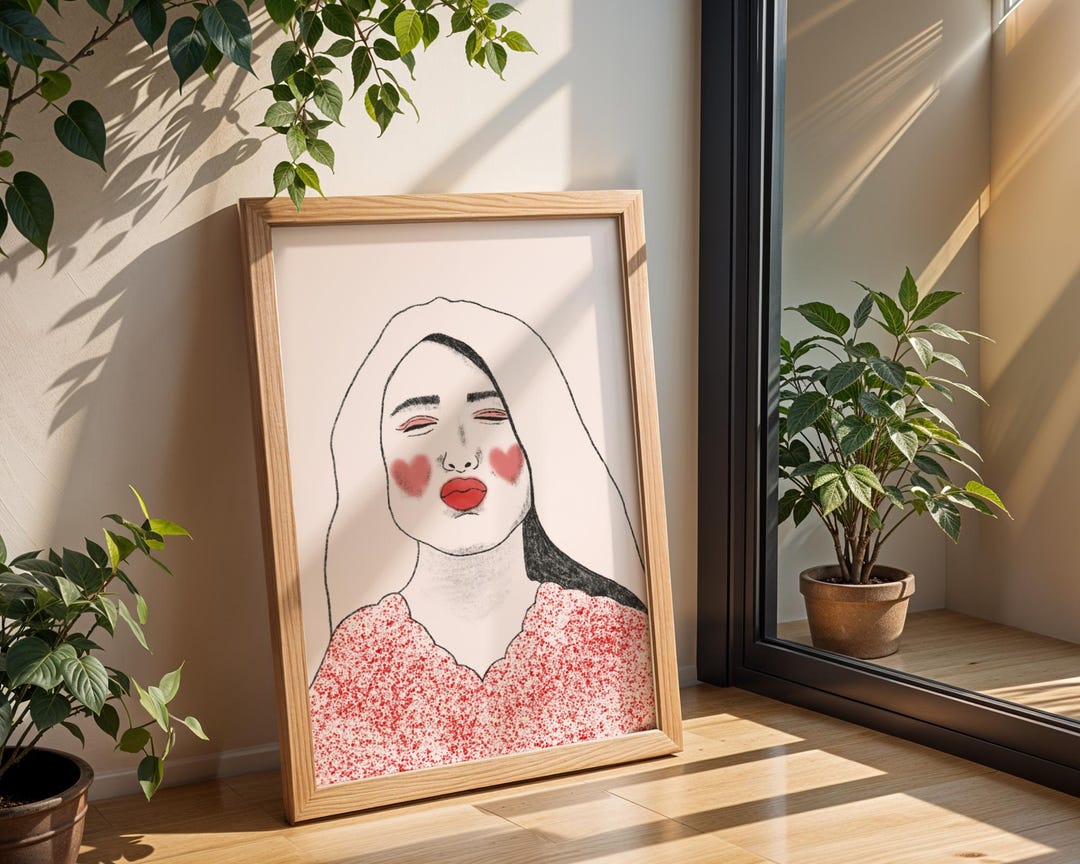 Red Heart Cheeks Line Art Print, Minimalist Female Portrait (digital ...