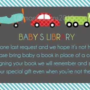 Library Card Inserts - Bring a Book - Transportation - Baby Boy Shower ...
