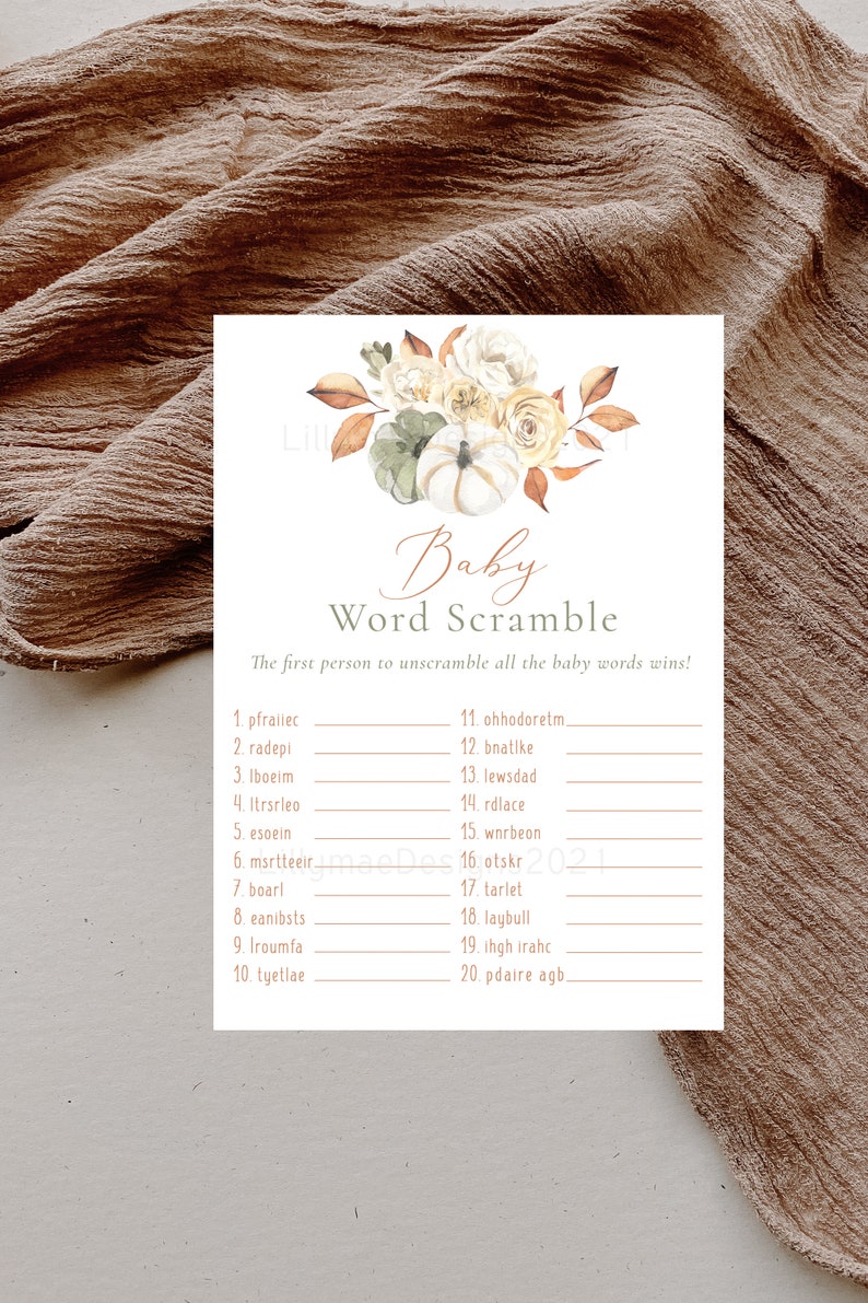 Baby Word Scramble, Fall Baby Shower Games, Watercolor Pumpkin Baby ...