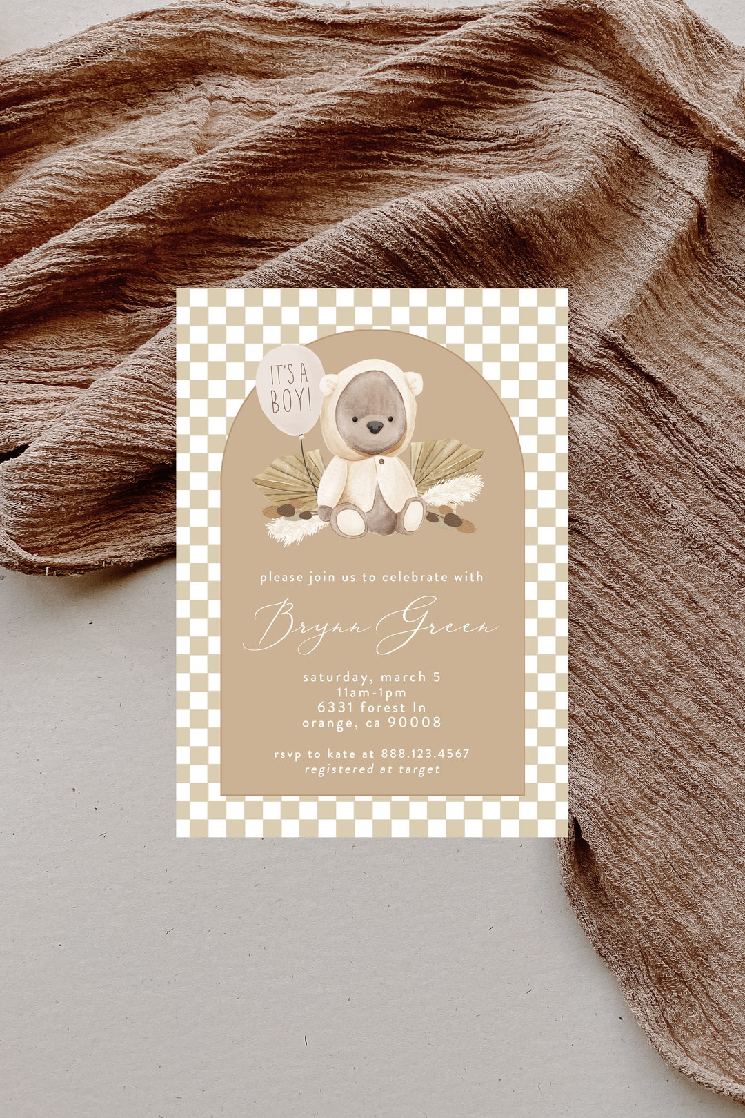 Checker Baby Shower Invitation Bear Baby Shower, Boho Baby Boy Shower ...