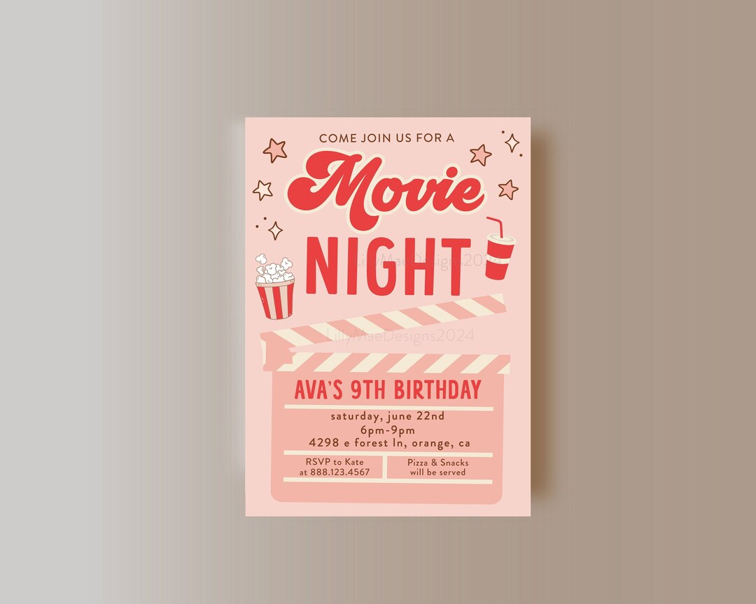 Movie Night Birthday Party Invitation, Girl's Birthday Invitation ...