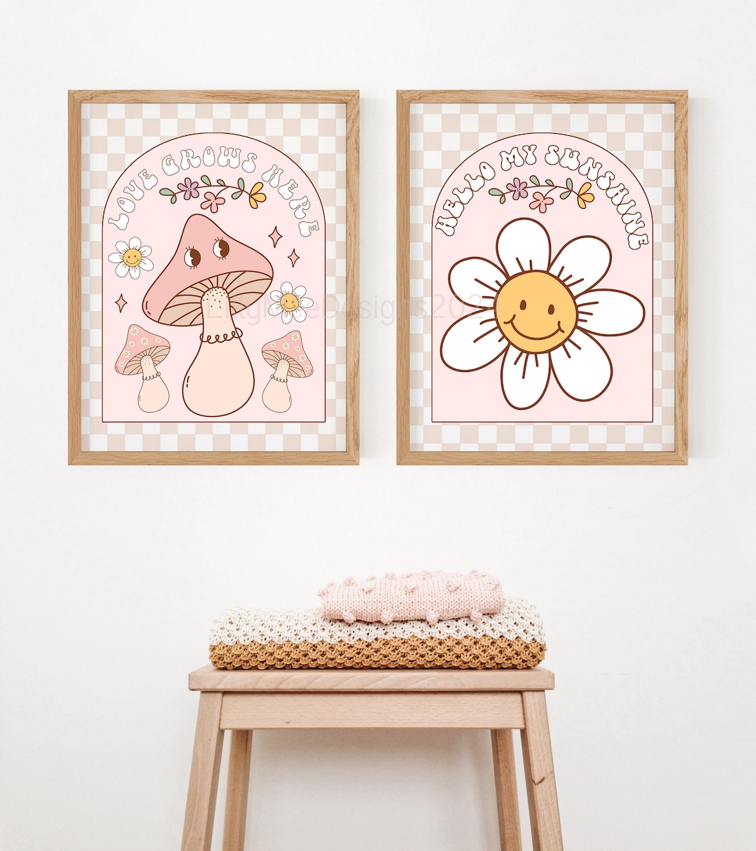 Retro Art for Girl's Room, Daisy Wall Art, Groovy Art Prints, Checkered ...