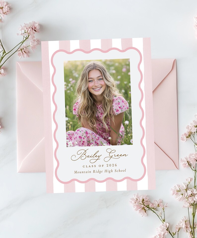 Pink Graduation Photo Announcement, Girl's Graduation Invitation, Wavy ...