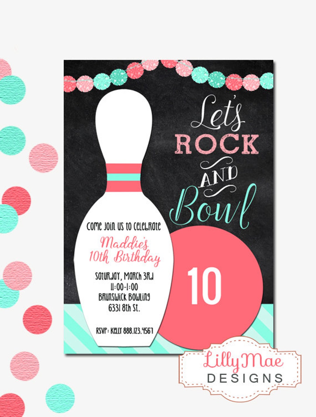 Bowling Invitation, Girl's Bowling Invitation, Girl's Party Invitation ...