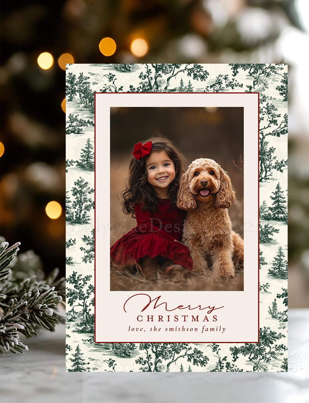 Vintage Christmas Photo Card, Green Toile Pattern Holiday Card, Cottage ...