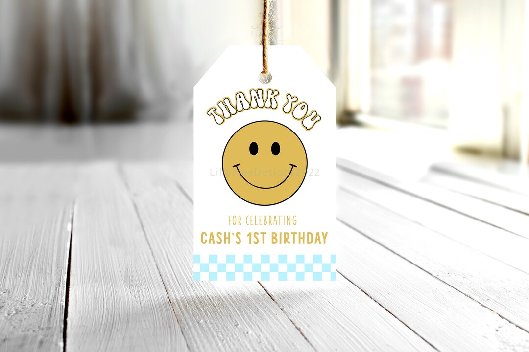 Smiley Face Thank You Tags, Retro Birthday Favor Tags, 1st Birthday ...