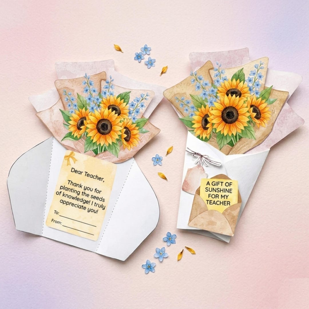 Teacher Appreciation Flower Bouquet Gift Card Holder • Printable Thank ...