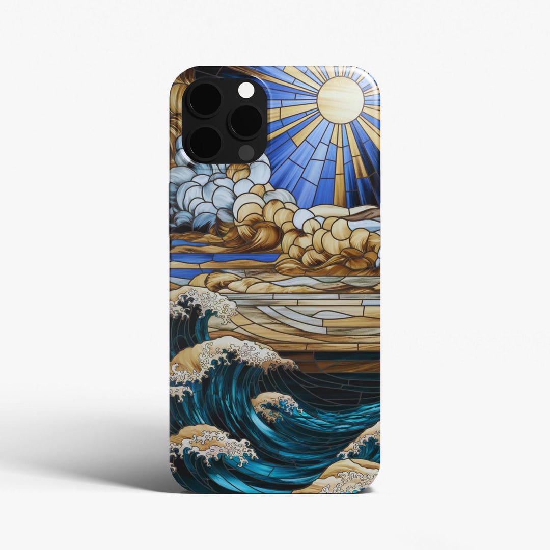 Stained Glass Sun & Ocean Waves Phone Case, Mosaic Coastal Faux Print ...