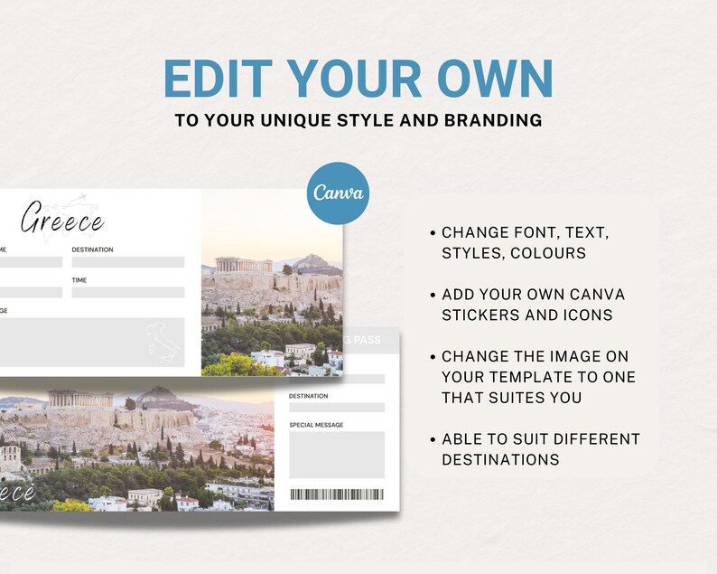 Greece Vacation Boarding Pass Canva Template – Surprise Crete Plane ...