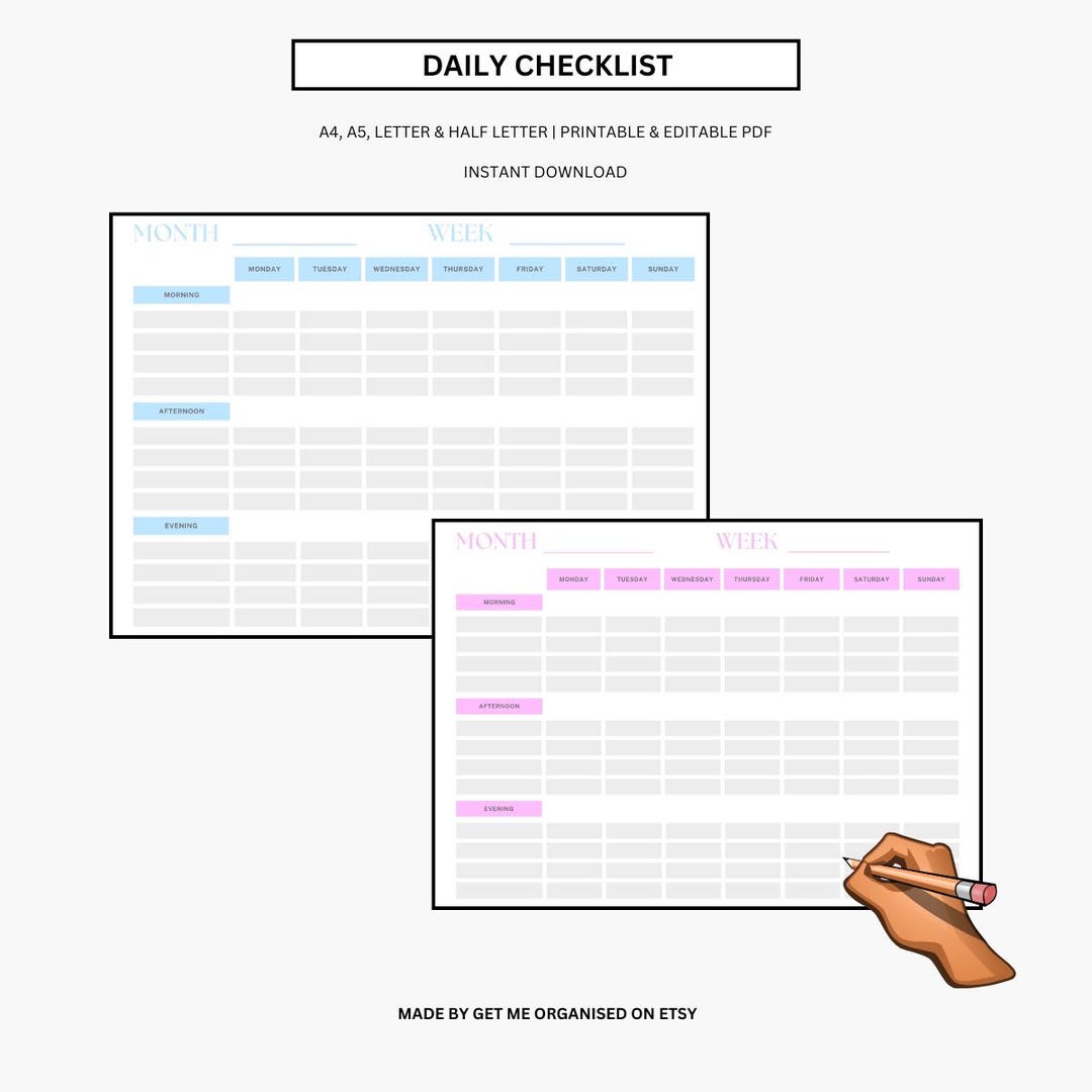 Daily Checklist Printable &amp; Fillable, Daily to Do List Template, Task ...